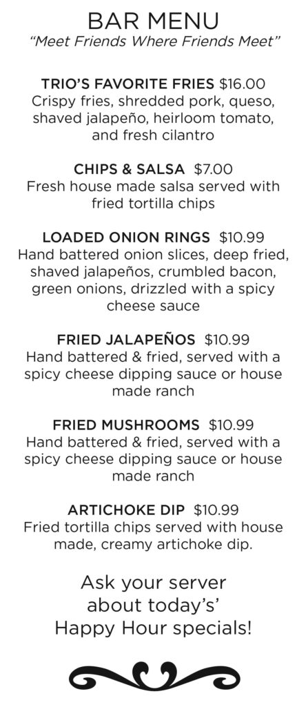 bar menu | Trio's Alexandria